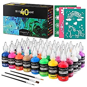Magicfly 3D Fabric Permanent Paint 40 Color, Puffy Paint with Vibrant Colors, 3 Bonus Brushes & Stencils, Ideal for Textile T-Shirts Fabrics Canvas Glass Wood (5 Color Type & 1 oz Each)