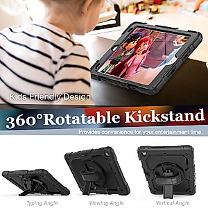 Sibeitu iPad 9th Generation Case 2021 10.2 Inch with Screen Protector & Kickstand, Protective iPad 7th 8th Gen Shockproof Case 2019 2020 Cover with Hand Shoulder Strap, Heavy Duty & Rugged, Black