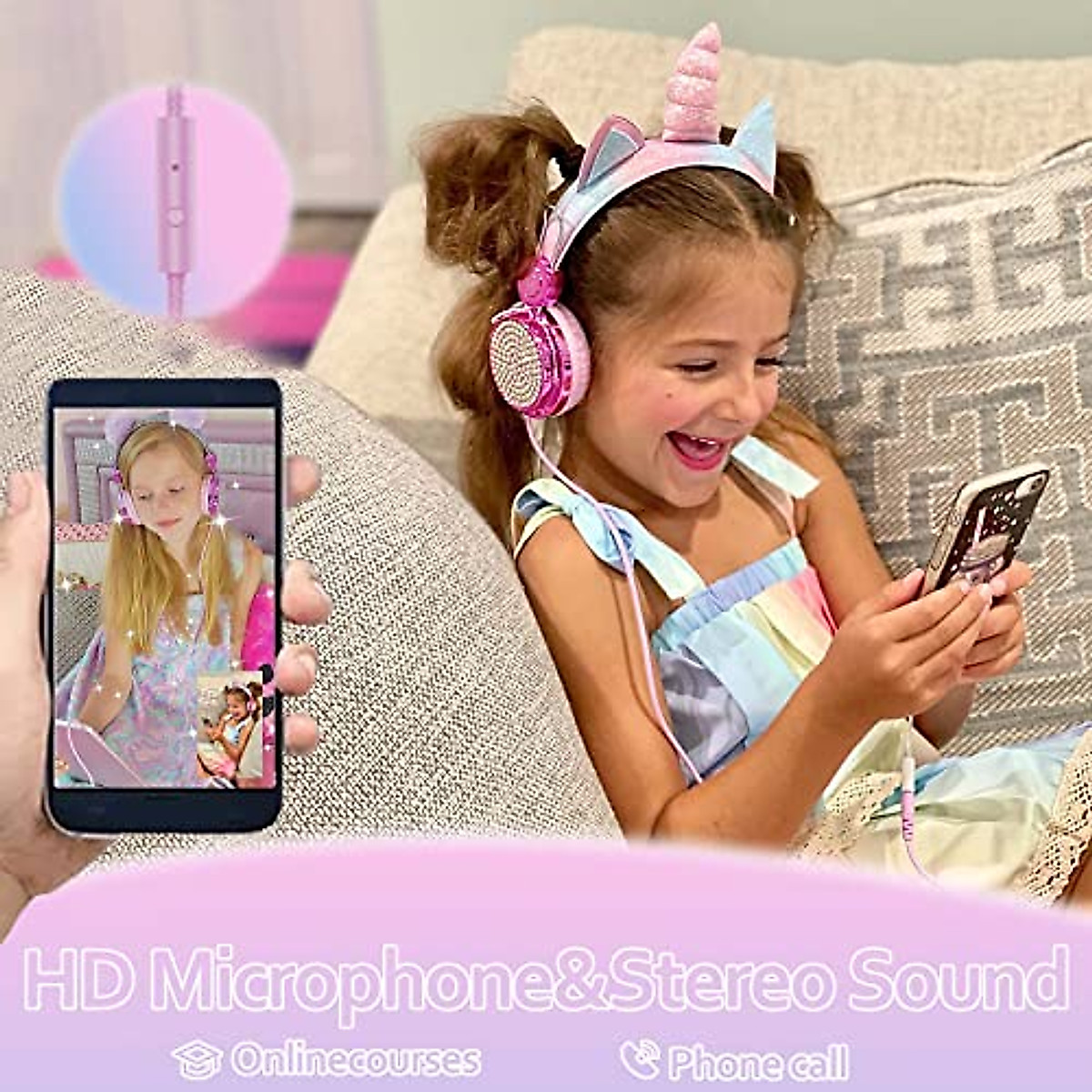 lalacosy Kids Headphones,Wired Headsets with Gifts Packing Include Sticker&Bracelet for Girls,Built-in Mic&On/Over Ear HD Stereo for Online Study/School/Tablet with Nylon Cable