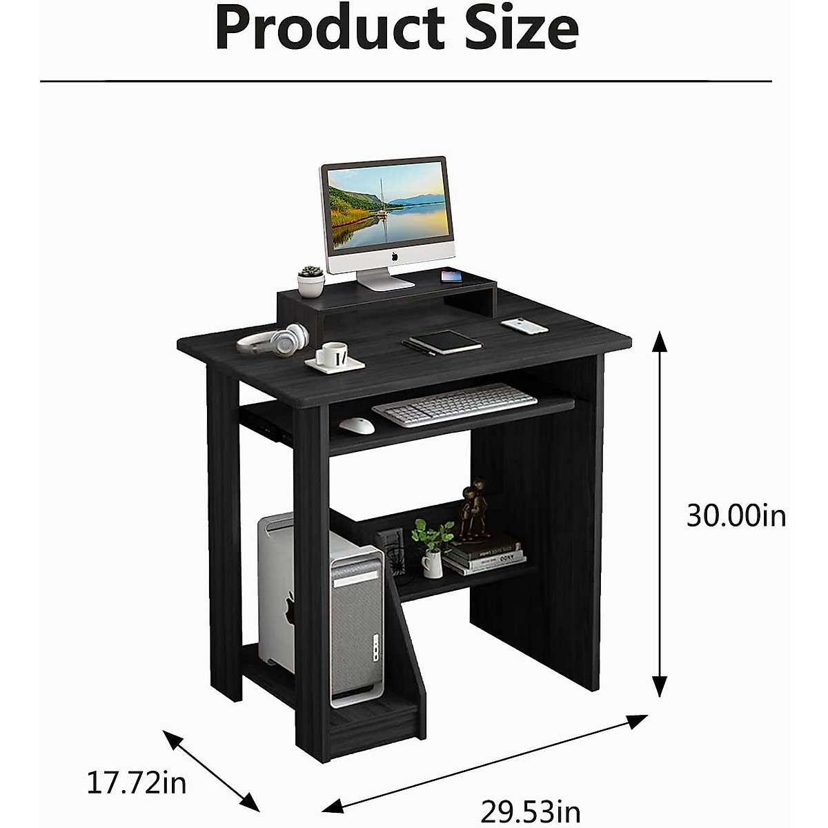NEWSENDY Computer Desk with Keyboard Tray and CPU Stand, 30 Inch Small PC Desk for Home Office, Laptop Desk with Monitor Shelf and Storage Shelves, Writing Study Desk for Small Spaces, Black