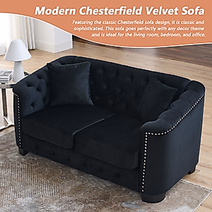 mikibama Modern Chesterfield Velvet Loveseat Sofa, 59 Inch Sectional Sofa, Luxury 2 Seater Upholstered Tufted Couch with Nailhead Arms and 2 Pillows for Living Room, Bedroom, Apartment(Black)
