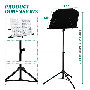 Vekkia Metal Folding Sheet Music Stand - Portable Lightweight music stand for sheet music with carrying bag&deluxe fabric tray sleeve,adjustable music holder,Black