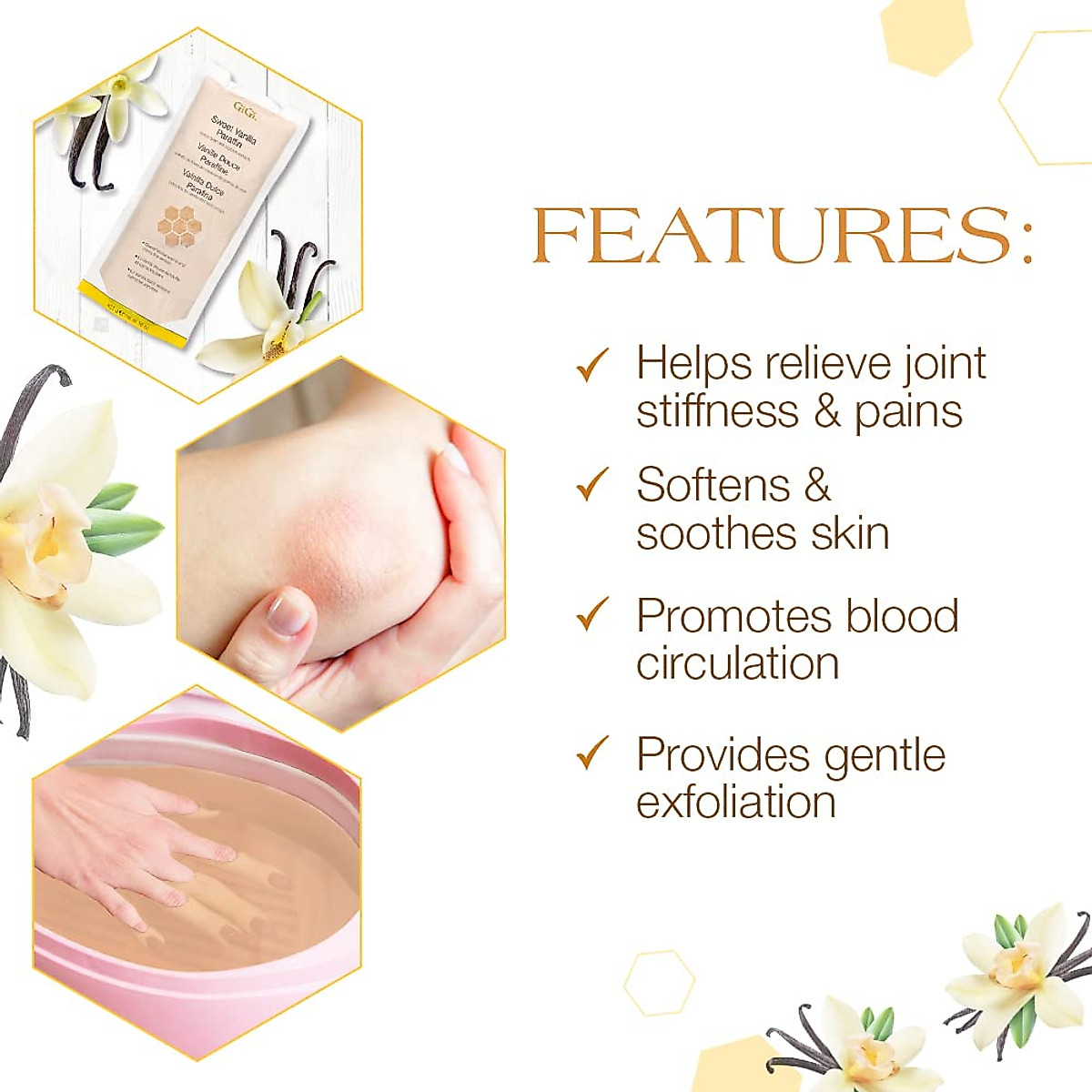 GiGi Paraffin Wax, Sweet Vanilla Paraffin Bath Wax With Spa Quality Finish, with Cocoa Bean and Soybean Extracts, 16 Oz.