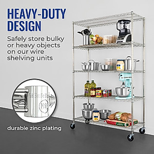 SafeRacks - NSF Certified Storage Shelves, Zinc, Heavy Duty Steel Wire Unit with Wheels and Adjustable Feet, Garage or Bakers Rack, Kitchen, Pantry Shelf - (18"x48"x72" 5-Tier) (Silver)