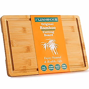 Small Cutting Board, Bamboo Chopping Board for Kitchen, Meat Butcher Block Cutting Board, Wooden Cheese Board with Juice Groove and Handle by FURNINXS, 12" x 8"
