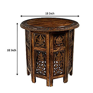 COTTON CRAFT Solid Wood Accent End Table - Hand Carved Vintage Boho Folding Side Table - Small Spaces Entryway Farmhouse Living Room Bedside - No Tools Assembly -18x18 Round - Jaipur Antique Brown
