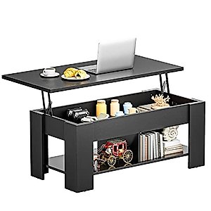 NOBLEWELL Coffee Table Lift Top with Storage Compartment and Separated Open Shelves, Pop Up Coffee Table for Living Room, 39.4in L, Black