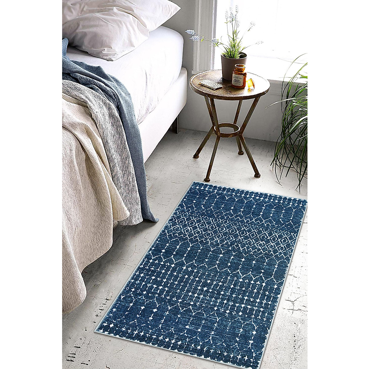 Lahome Moroccan Indoor Rugs for Entryway - 2x3 Area Rug Non-Slip Backing Washable Inside Door Mats Low-Profile Throw Soft Rugs for Bathroom, Geometric Print Distressed Blue Rug for Kitchen Bedside