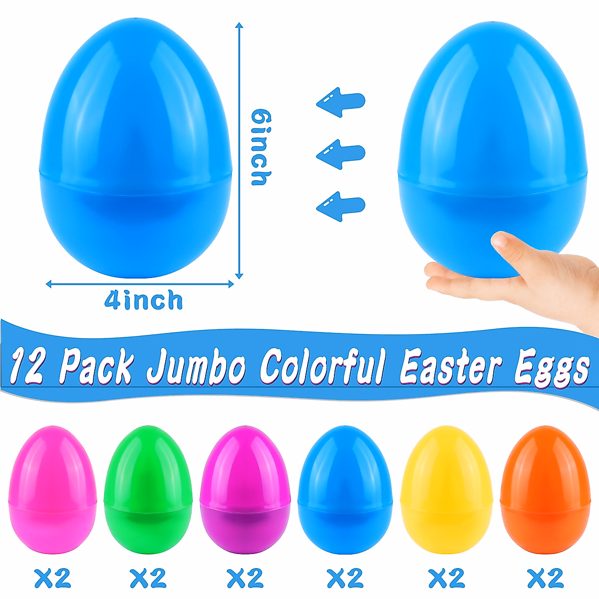 12 PCS Jumbo Easter Eggs 6 Inch Colorful Giant Plastic Easter Eggs Fillable Large Suprise Egg for Easter Themed Hunt Basket Stuffers Fillers Filling Treats Party Favors Classroom Prize Supplies