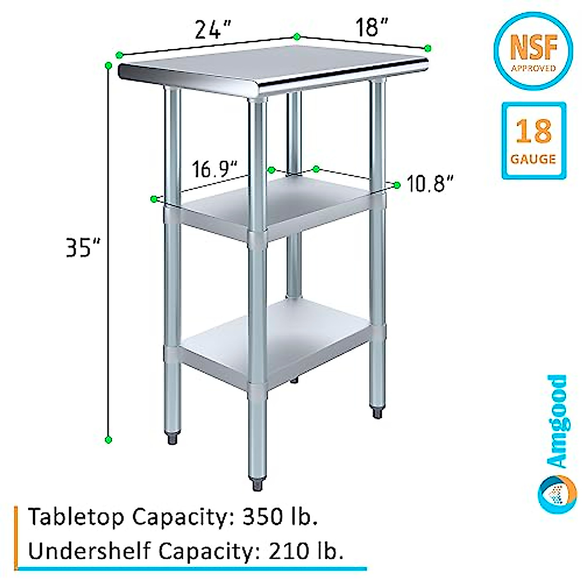 AmGood Stainless Steel Work Table with 2 Shelves | NSF | Metal Utility Table (24" Long x 18" Deep)