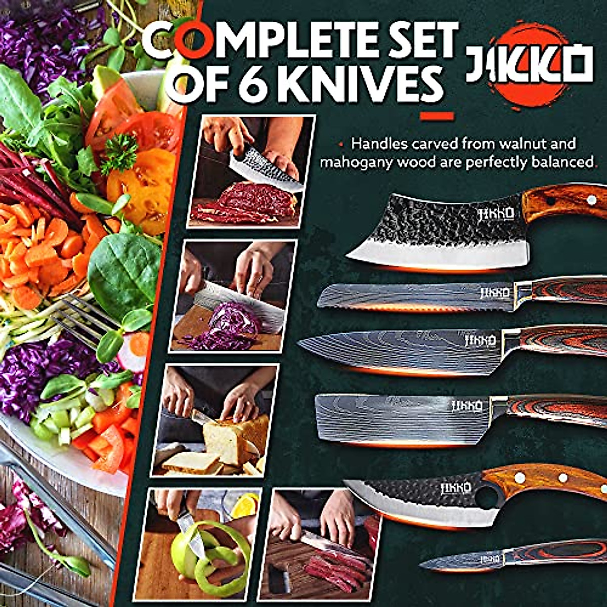 Jikko New Reinforced Carbon Steel Japanese Kitchen Knife Set – Original Series – Ultra Sharp Japanese Knife Set & Chef Knife with Mahogany & Walnut Wood Handles – Professional Chef's Knives