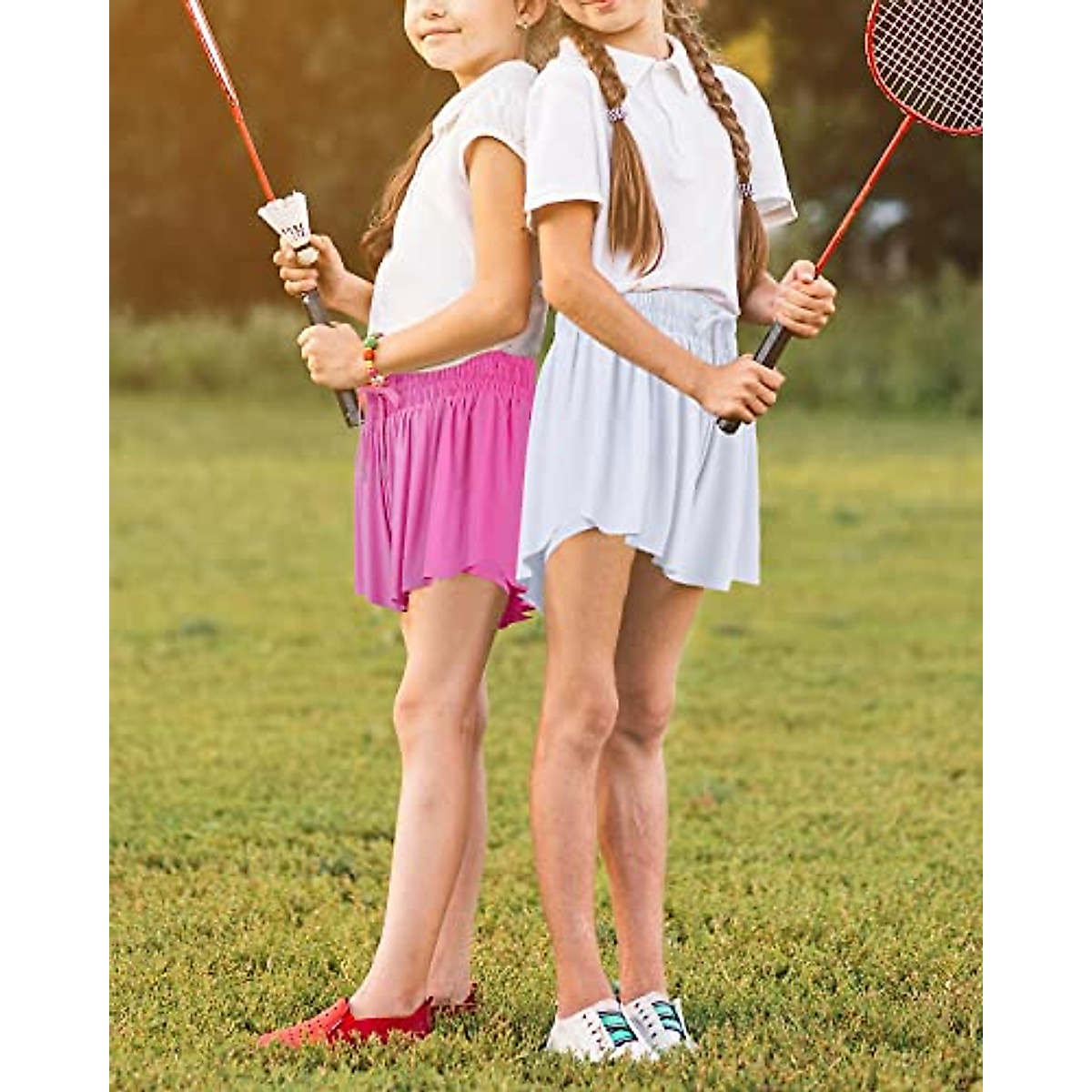 JOCMIC Girls Flowy Shorts, 2 in 1 Youth Butterfly Shorts with Spandex Liner for Fitness Running Athletic Tennis 8 Years Deep Green