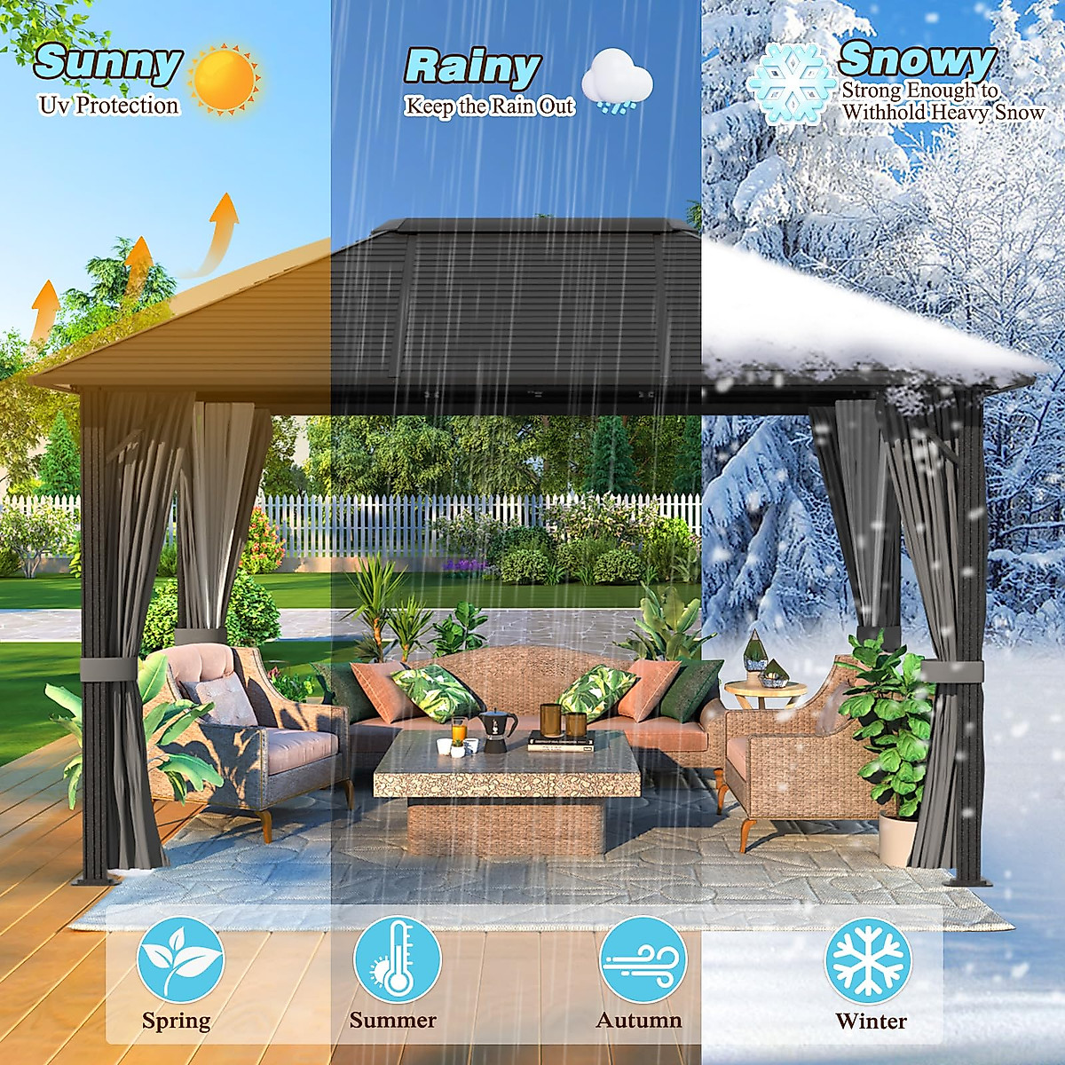 VEIKOU 10' X 12' Outdoor Gazebo, Galvanized Steel Hardtop Gazebo w/Netting and Curtains, Patio Gazebo with Single Roof, Heavy Duty Gazebo for Garden, Lawn, Deck, Backyard