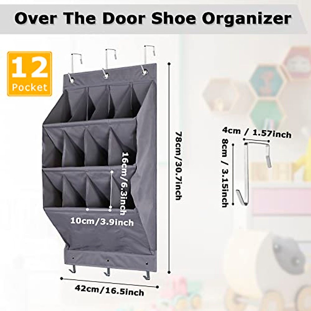 Kenning 4 Pcs over the Door Shoe Organizer, Hanging Shoe Organizer, 12 Large Pockets Hanging Shoe Rack with 12 Hooks for Shoes, Home Accessories, Toys, Living Room, Closet, Dorm, RV, Grey