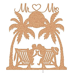 Mr & Mrs Wedding Cake Topper, The Groom Kissing Bride Sit on Chair, Hawaii Beach Sunrise and Sunset Wedding Party Decorations Travel Party, Rose Gold Glitter