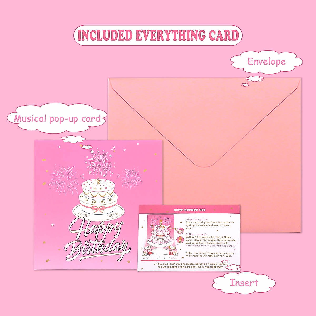 DTESL Musical Birthday Cards with Light and Music, Blowable, 3D Birthday Popup Cards for Men & Women– Plays Hit Song 'HAPPY Birthday' (pink)