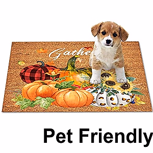 Entrance Mat Pumpkin Sunflower Maple Leaves Farmhouse Thanksgiving Funny Coir Doormat with Heavy Duty Fall Gather Coir Mat Outdoor - Front Door Entryway Mats Housewarming Gift 16x24in