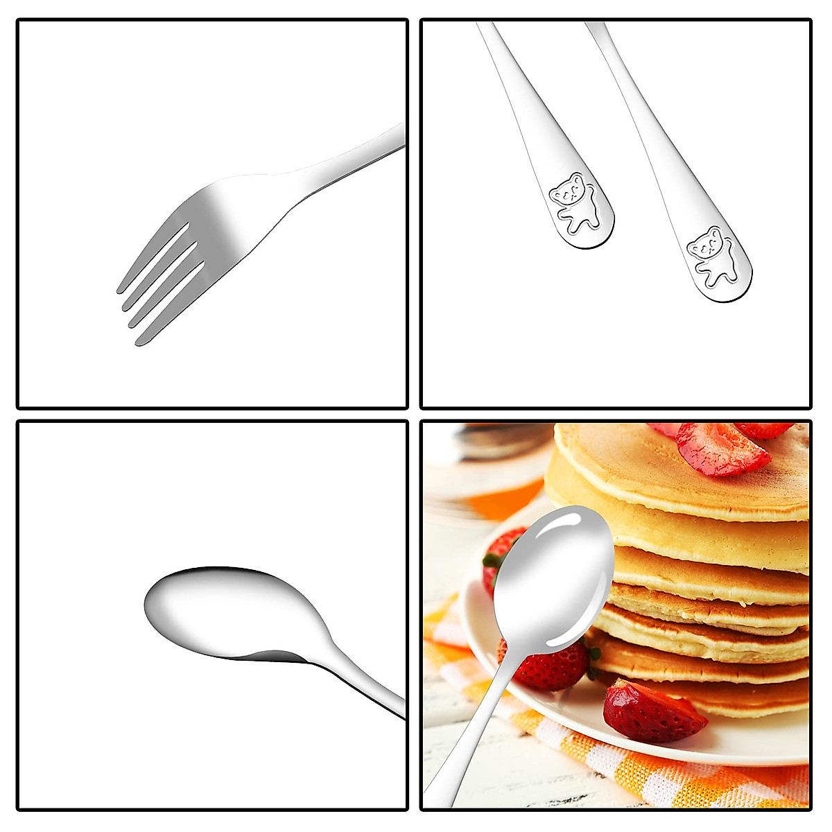 6 Pieces Stainless Steel Kids Flatware, Mirror Polished Child Toddler Silverware Little Bear Spoon and Fork Set, 3 x Safe Forks,3 x Children Tablespoons for Lunch Box
