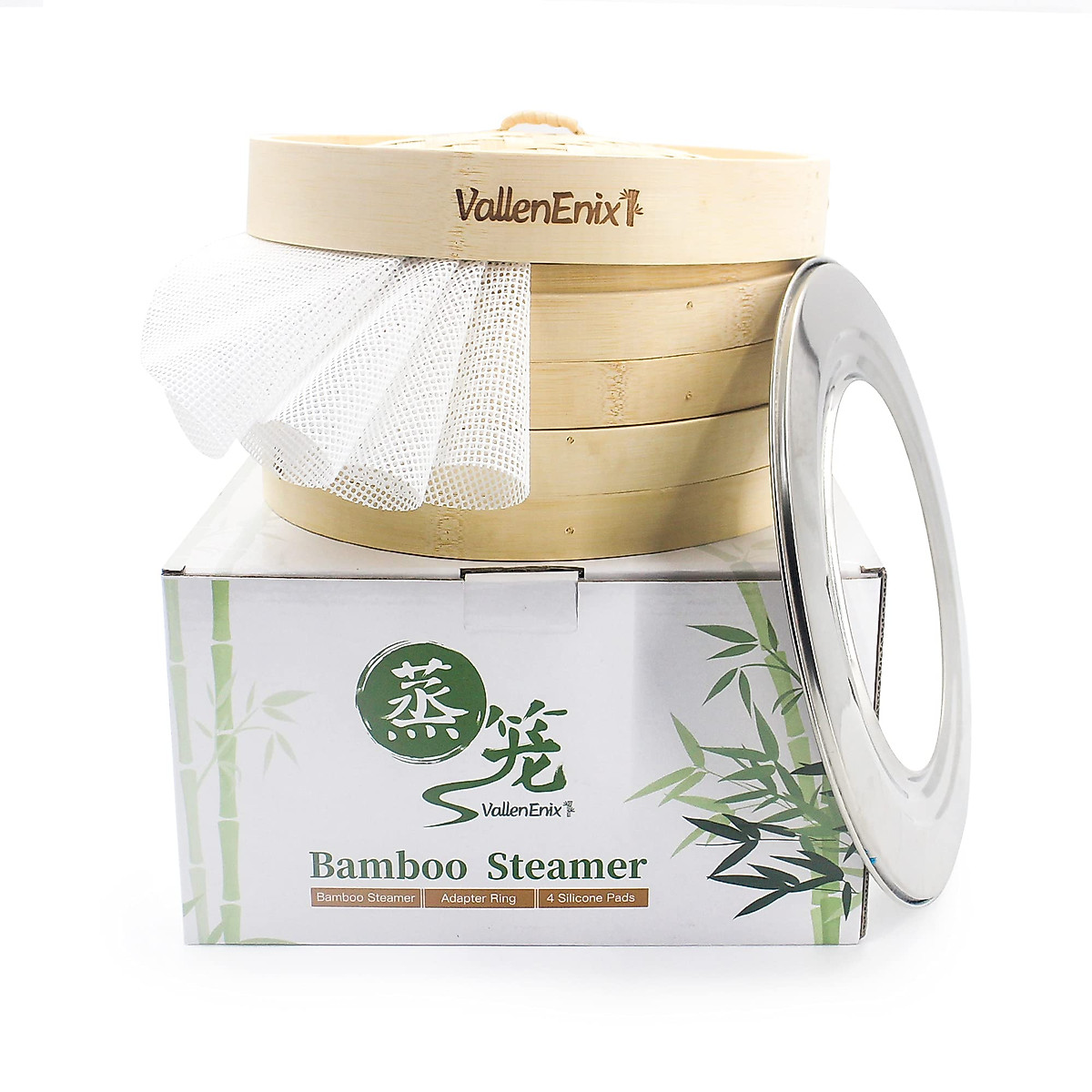 VallenEnix Bamboo Steamer Basket - 10-inch, 2-Tier, Stainless Steel Adapter Ring, 4 Silicone Liners. Natural Basket Steam, Cook Asian Food, Dim Sum, Chinese Dumplings, Bao Bun, Vegetables & Rice