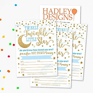 25 Twinkle Twinkle Boy Baby Shower Invitations, Sprinkle Invite For Boy, Coed Little Stars Gender Reveal Theme, Cute Moon Clouds DIY Fill or Write In Blank Printable Card, Blue Gold Party Supplies