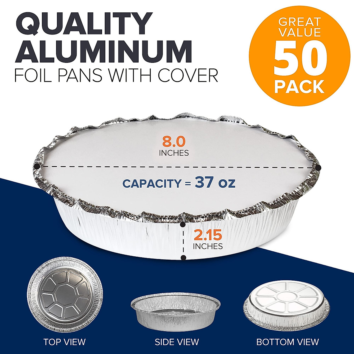 Fit Meal Prep [50 Pack] Round 8 Inch 37 oz, 2.3 lb, 1.1 Quart Disposable Aluminum Foil Pan Take Out Food Containers with Flat Board Lids, Steam Table Hot Cold Freezer Roasting Baking Oven Safe