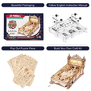 Rowood Wooden Puzzles 3D Pinball Machine Mechanical Model Wooden 3D Puzzles for Adults DIY Pinball Game Wooden Puzzle-Model Building Kits Christmas Birthday Gifts for Adult and 14+ Teens