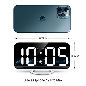 Lamisola Digital Alarm Clock, Large LED Mirror Display, 2 USB Charging Ports，Auto Dim Mode，Modern Design Clock for Bedroom Office, White