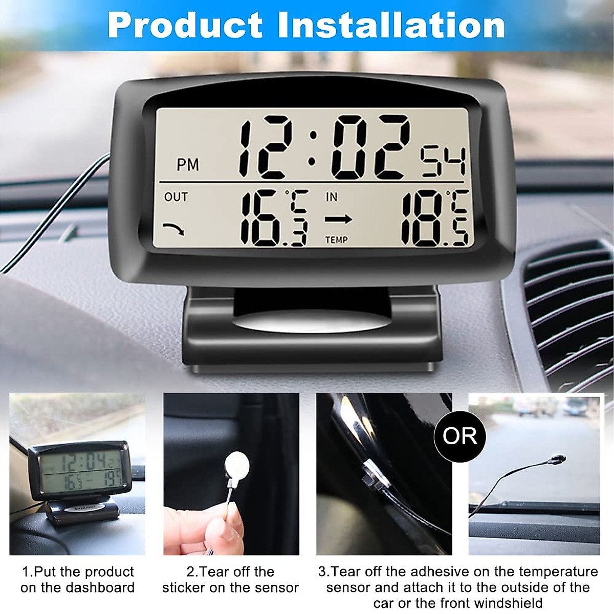 Car Digital Clock Thermometer, Multi-Functional Car Dashboard Thermometer with Backlight Display Mini Car Clock Thermometer Monitor for Indoor and Outdoor