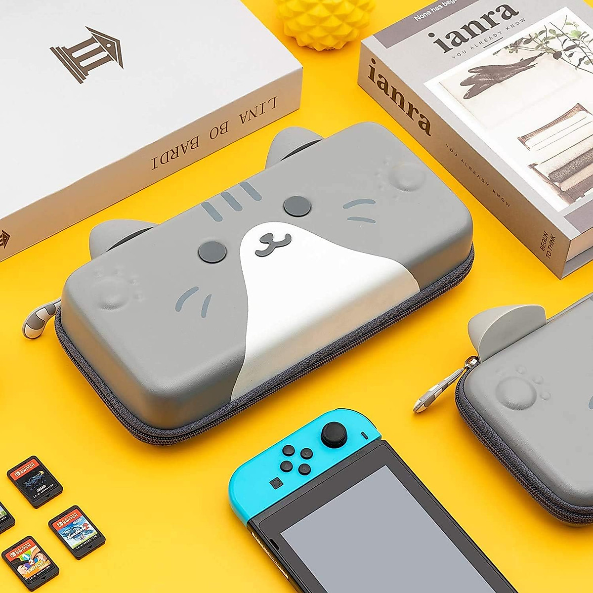 GeekShare Cat Ears Carry Case Compatible with Nintendo Switch/Switch OLED - Portable Hardshell Slim Travel Carrying Case fit Switch Console & Game Accessories (Grey, Large)