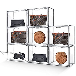 Acrylic Display Case Clear Plastic Purse and Handbag Storage Organizer for Closet, Stackable Acrylic Storage Boxes with Magnetic Door for Collectibles Shoes Wallet Cosmetic Book Toys Display (6 Pack)