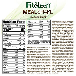 Fit & Lean Meal Shake Meal Replacement with Protein, Fiber, Probiotics and Organic Fruits & Vegetables, Cookies and Cream, 1lb, 10 Servings Per Container