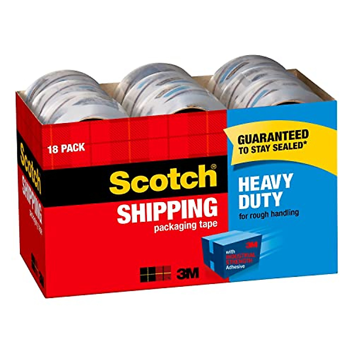Scotch Heavy Duty Packaging Tape, 1.88" x 54.6 yd, Designed for Packing, Shipping and Mailing, Guaranteed to Stay Sealed, 3" Core, Clear, 18 Rolls (3850-18CP)