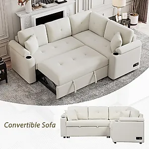 P PURLOVE Sectional Sofa with Pull-Out Sofa Bed, Boucle L-Shape Sleeper Sofa with Wheels, USB Charging Port and Power Sockets, Modern Upholstered Couch for Living Room, Bedroom, Apartment (Beige)
