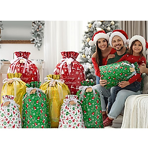 Christmas Drawstring Gift Bags with Tags - 32 PCS Stand Up Thanksgiving Gift Bags Assorted Sizes Large Medium Small Foil Gift Wrapping for Birthday, Goodies, Xmas Holiday Party Decorations Supplies