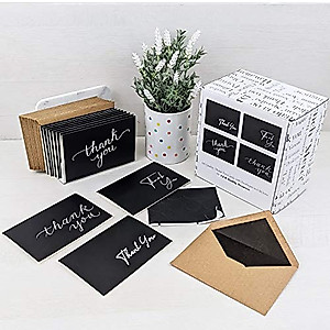 100 Black Thank You Cards with Brown Kraft Envelopes and Stickers - 4 Designs Bulk Notes for Official, Formal, Office, Graduations, Business, 4x6 Inch Folded