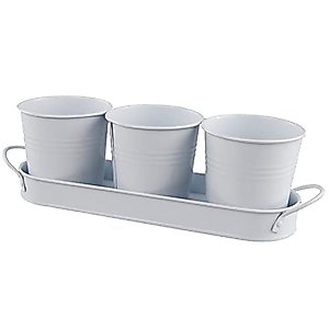 Herb Garden Planter Set – 3-Pcs Set Galvanized Metal Herb Planters for Indoors Plants with Tray – Indoor Plant Pots for Apartment Window, Balcony, Garden – Potting Pots for Herbs and Flowers
