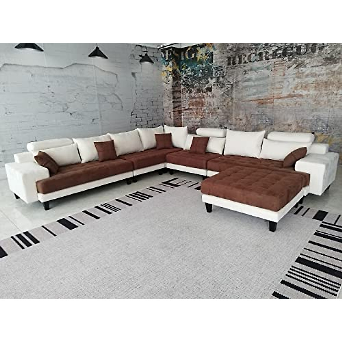 Stendmar 5pc Reversible Multifunction 2-Tone Natrual and Dark Brown Espresso Microfiber Fabric Big Sectional Couch Sofa S150DNE