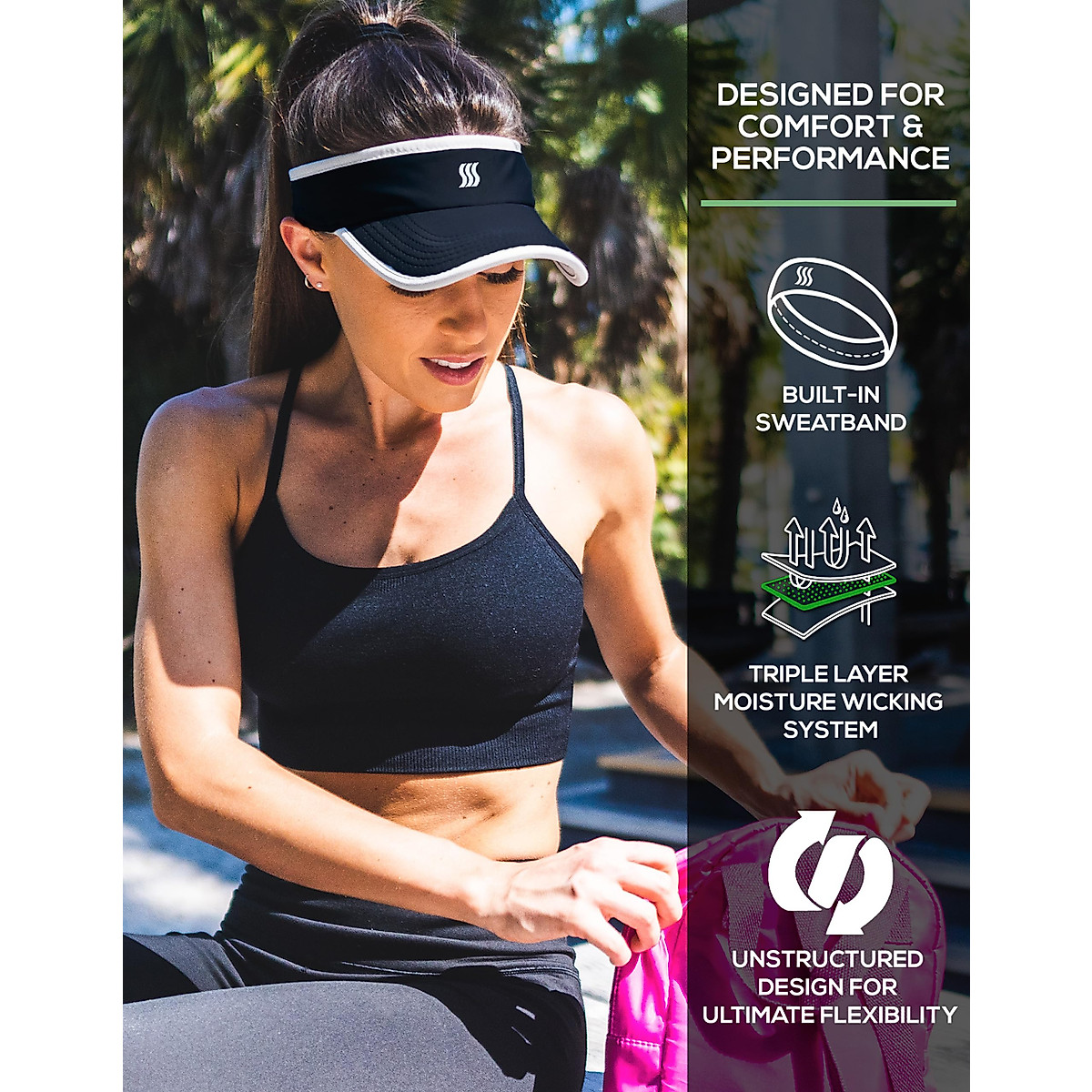 SAAKA Super Absorbent Visor for Women. Premium Packaging. Running, Tennis, Golf & All Sports. Lightweight & Adjustable. Black