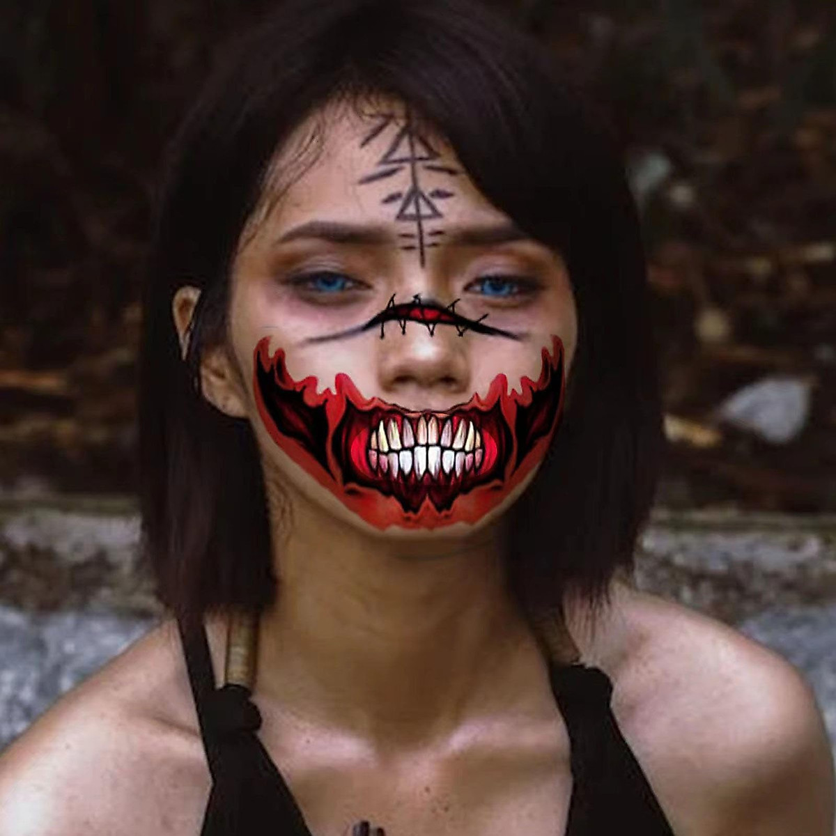 26pcs Halloween Face Big Mouth Fake Tattoos for Adults, Scary Prank Makeup Joker Temporary Tattoo Kit Women, Halloween Horror Clown Fake Face Stickers Kids (Big Face)