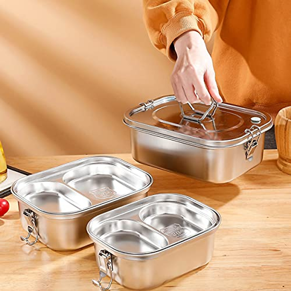 AIYoo 2 Tier Salad Container for Lunch Metal Bento Box 304 Stainless Steel Sandwich Containers Lunch Box With Leakproof Lid and Secure Locks - 1350ML / 46oz for Variety of Foods Snack Container
