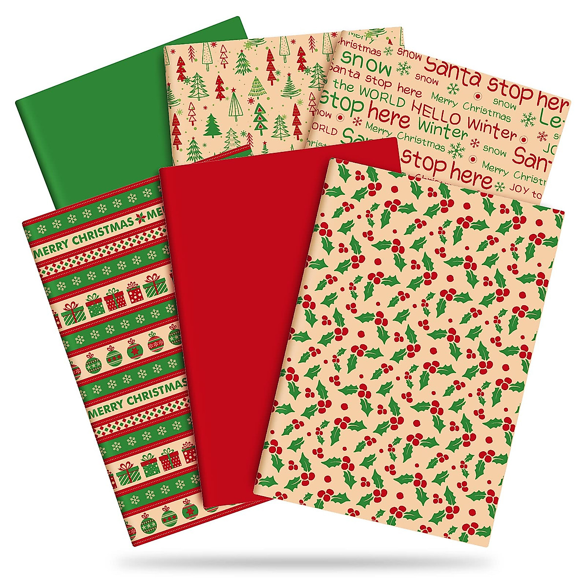Whaline Christmas Tissue Paper Kraft Xmas Red Green Wrapping Paper 19.7 x 13.8 Inch Assorted Xmas Tree Holly Berry Christmas Tissue Paper for Gift Bags Holiday DIY Crafts Decor, 90 Sheet
