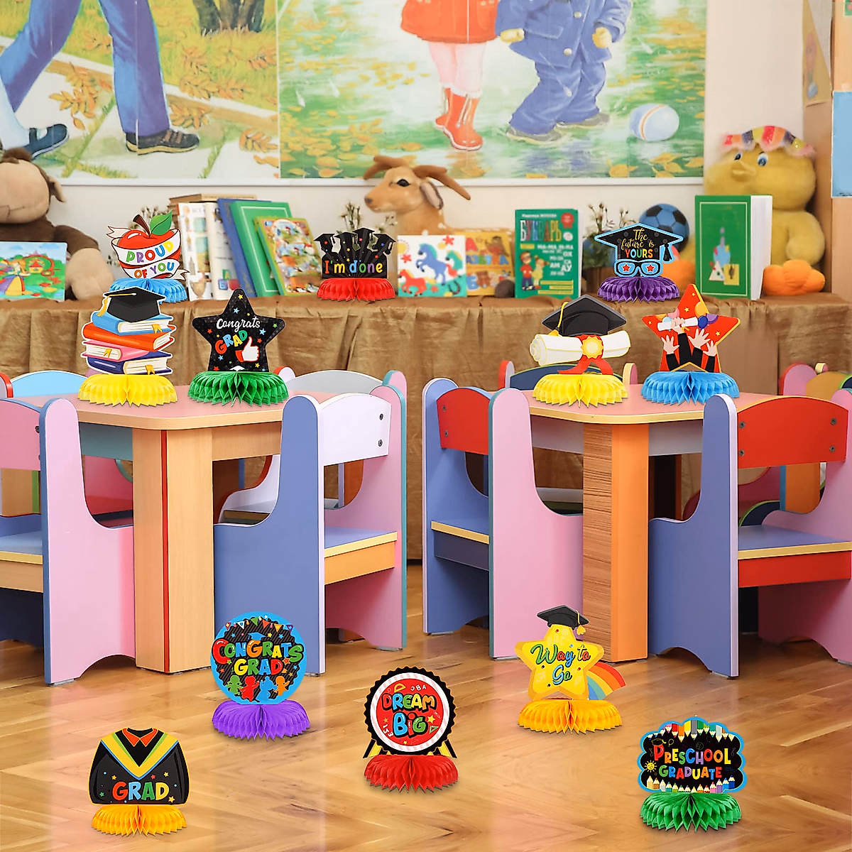 Outus 12 Pcs Preschool Graduation Party Decorations 2024 Kindergarten Graduate Party Honeycomb Centerpieces Congrats Grad Table Toppers for Class of 2024 Elementary Celebration Graduation Party