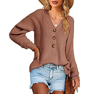 Womens Sweaters Long Sleeve V Neck Button Down Ribbed Knit Sweater Casual Relaxed Fit Pullover Jumper Tops Brown