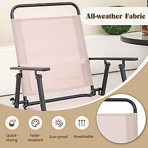 Giantex 4-Piece Outdoor Bar Set, Round High Top Bar Table with 2 Folding Counter Height Chairs & Umbrella, Patio Bistro Table Set with Tempered Glass Top for Garden Porch Poolside, Beige