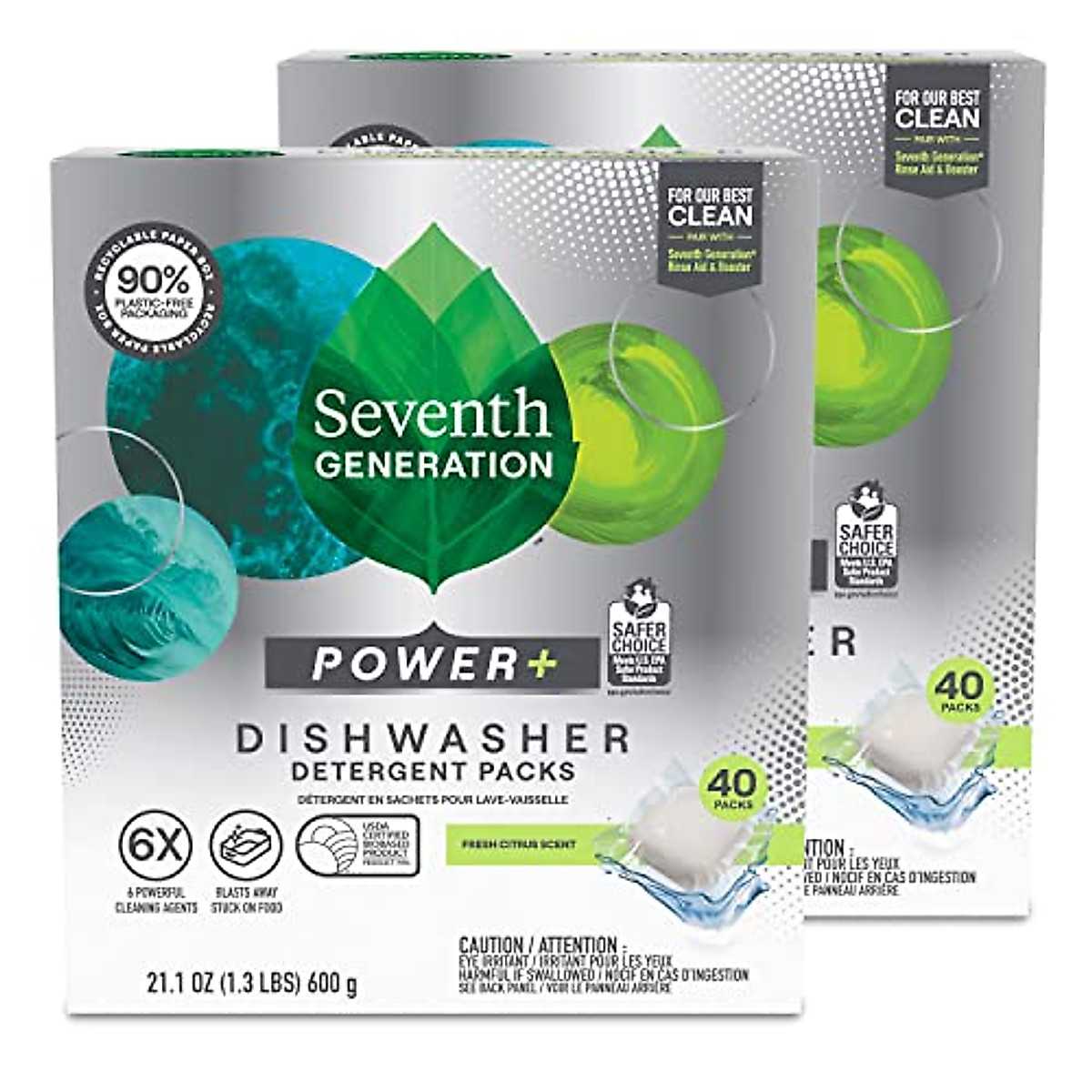 Seventh Generation Power+ Dishwasher Detergent Packs for Sparkling Dishes Fresh Citrus Scent Dishwasher Tabs, 40 Count, Pack of 2 (Packaging May Vary)
