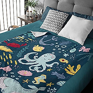 Thuswarm Cute Blue Sea Creatures Octopus Whale Flannel Blanket for Autumn Winter Gifts Warm Cozy Soft Funny Print Throw for Bed Couch Sofa 50”×40” Small for Kid