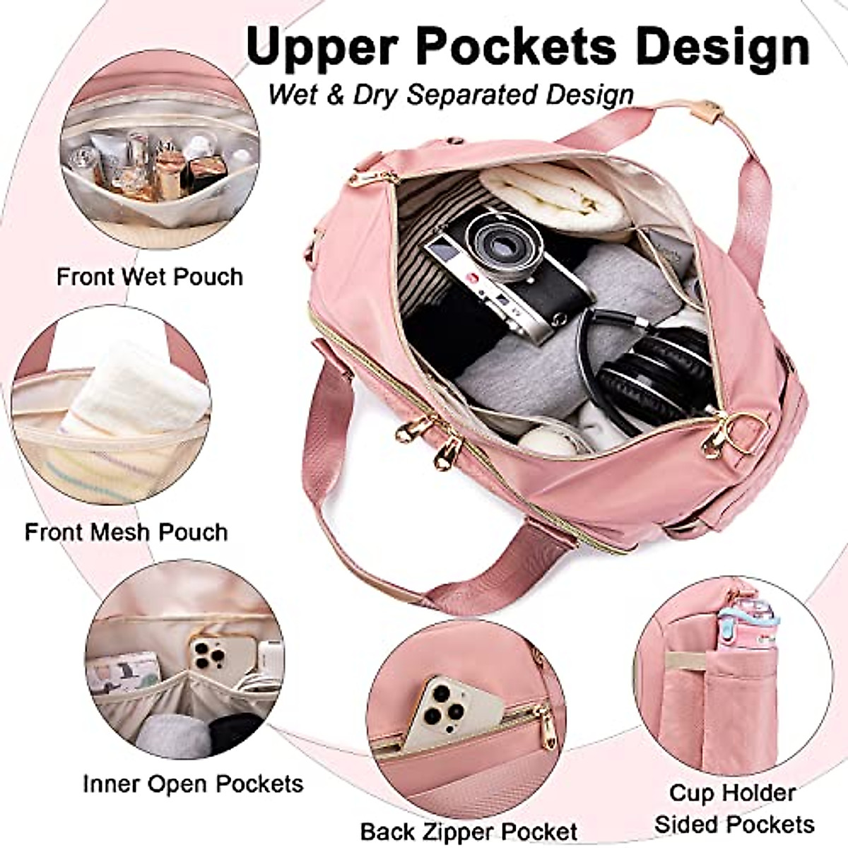 Weitars Gym Bag For Women,Travel Duffel Weekender Bag,Sport With Shoes Compartment And Wet Pocket,Large Carry On Overnight Hospital Women Travel,Gym,Shopping (Pink)