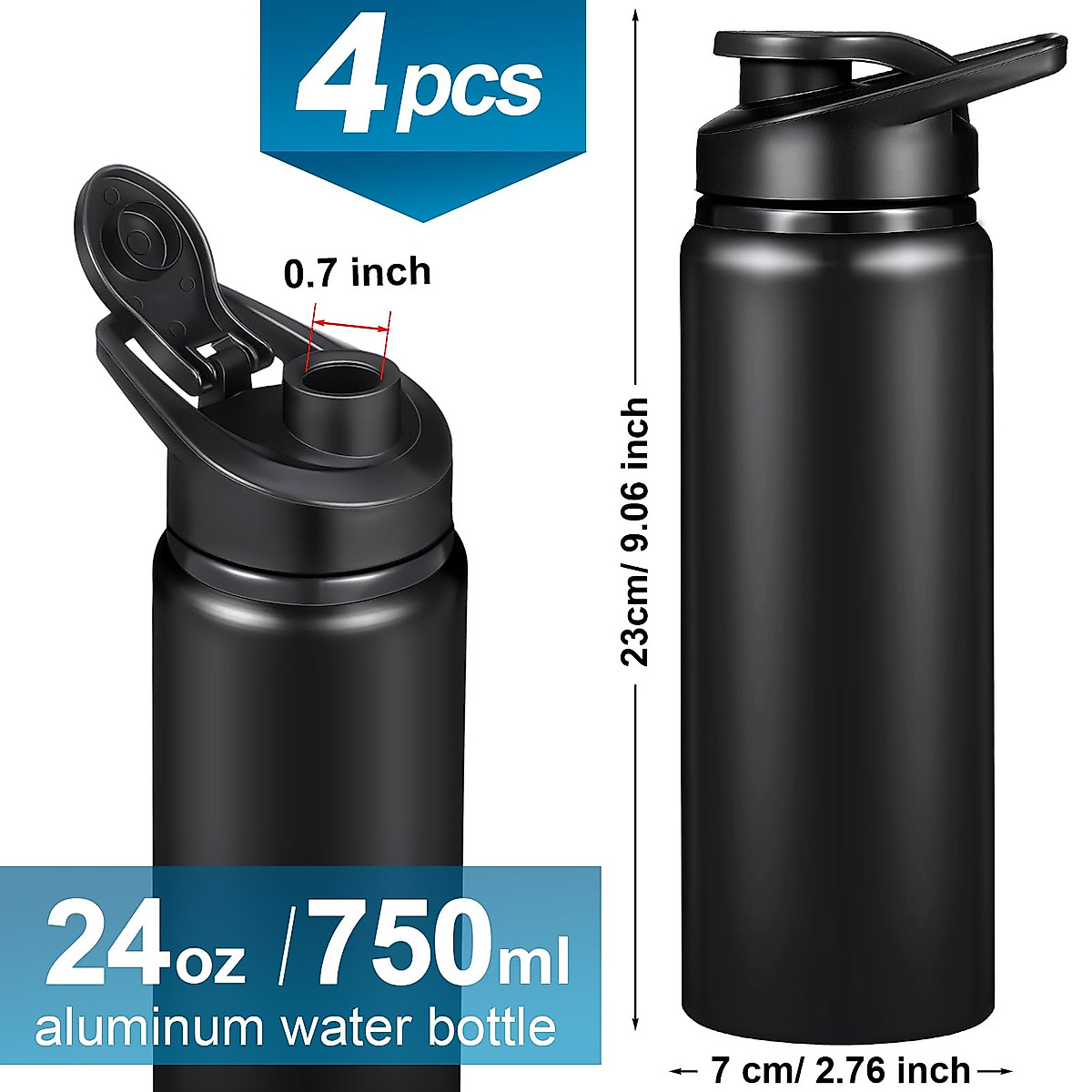 CHENGU 10 Pcs Aluminum Water Bottle 24oz Aluminum Reusable Bottles Lightweight Snap Lid Sports Water Multipack Easy Carry Leak Proof Travel for Gym Camping Hiking Outdoor Fishing (Black)