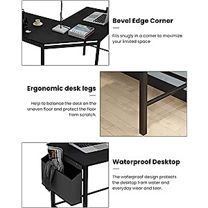 DKLGG L Shaped Computer Desk, 49" Gaming Desk Home Office Corner Desks Large Work Study Desk with Storage Bag & Hooks, L Desk Workstation Space-Saving Table for Home Office, Black