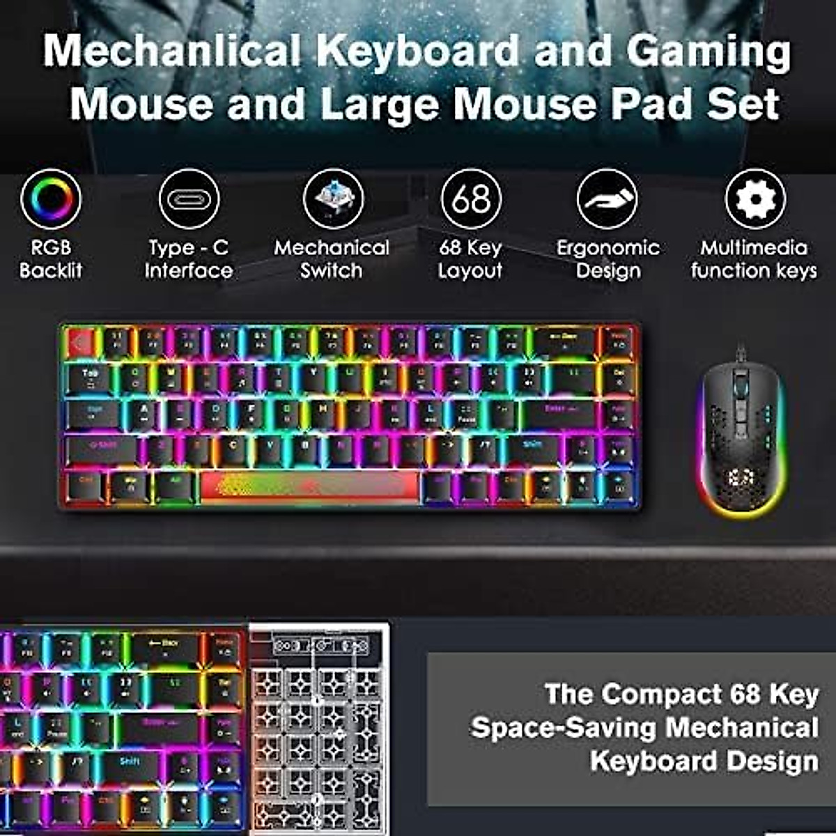 60% Gaming Keyboard and Mouse Combo,Personalized Keycap,RGB Backlit,Full NKRO,TKL Ergonomic Mechanical Keyboard+Rainbow Led Honeycomb Mice with 2400DPI Optical Sensor for PC/Mac (White-Blue Switch)